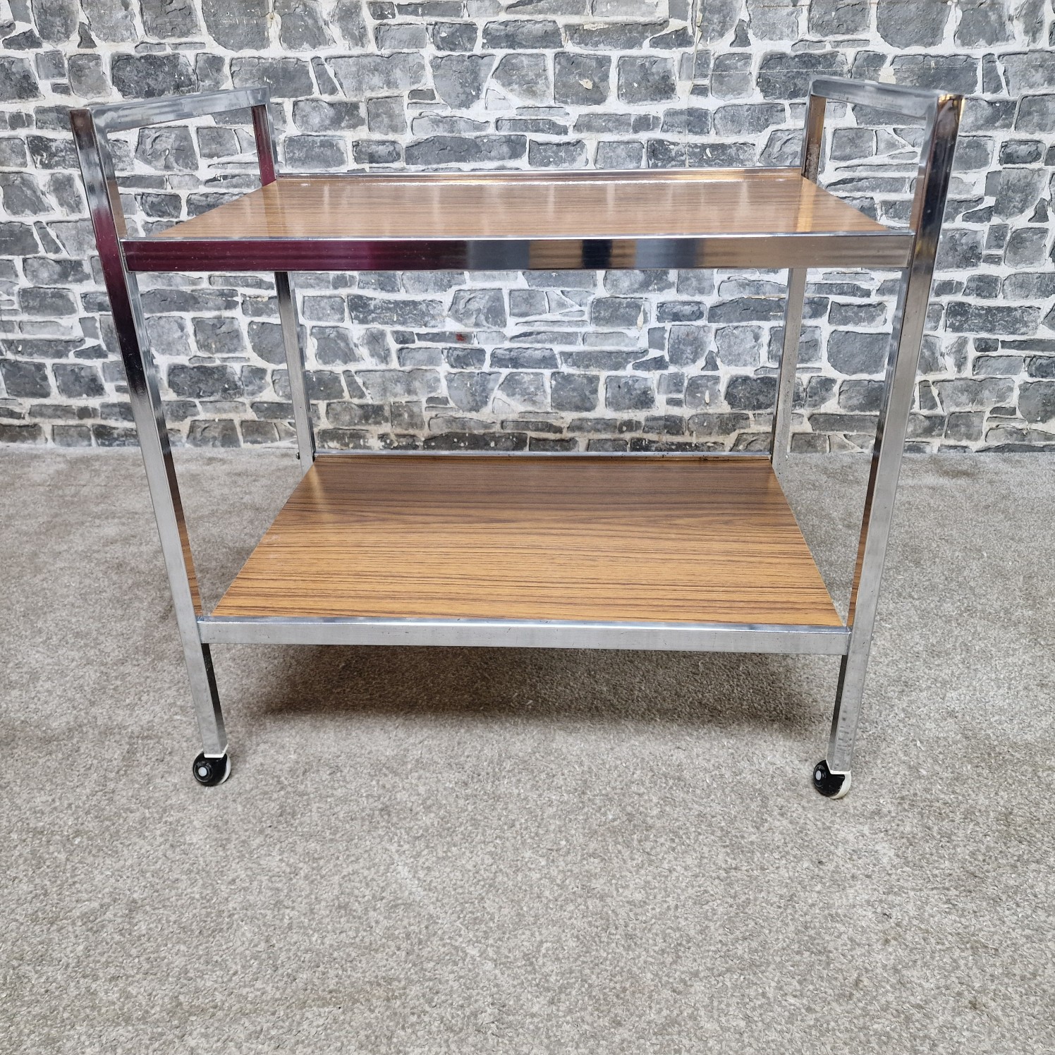 Vintage Chrome & Wood Effect Drinks Trolley on Castors - Reloved Furniture